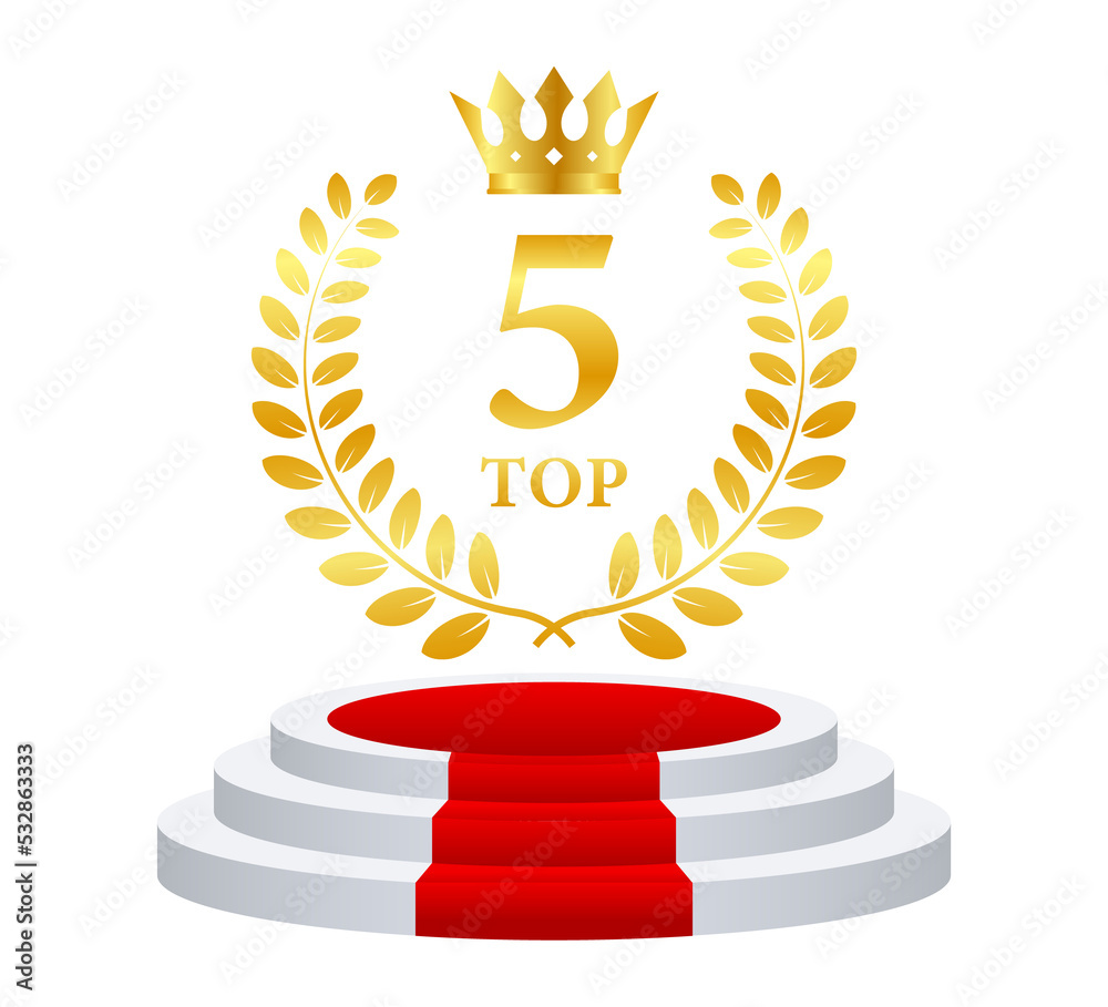 Top 5. Golden laurel wreath icon. Victory prize. Trophy cup. stock ...