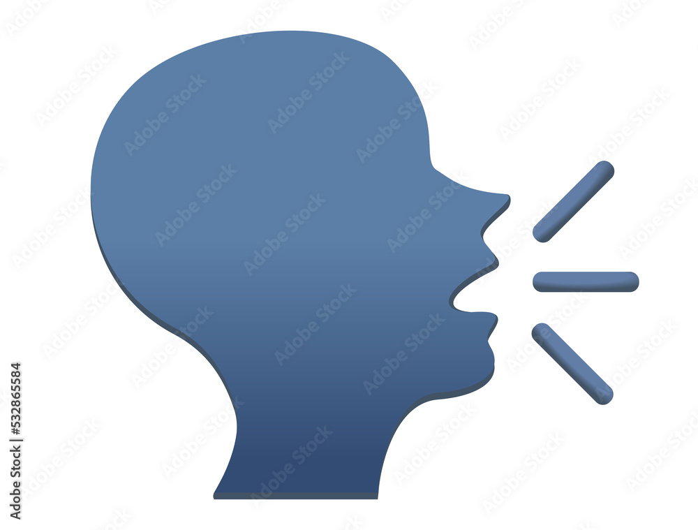 Dark blue silhouette of speaking person head icon with lines ...