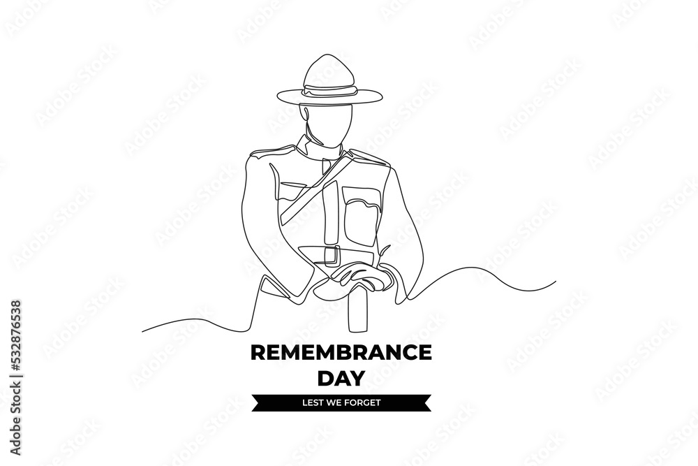 Continuous one line drawing a soldier bow their hands to remembrance ...