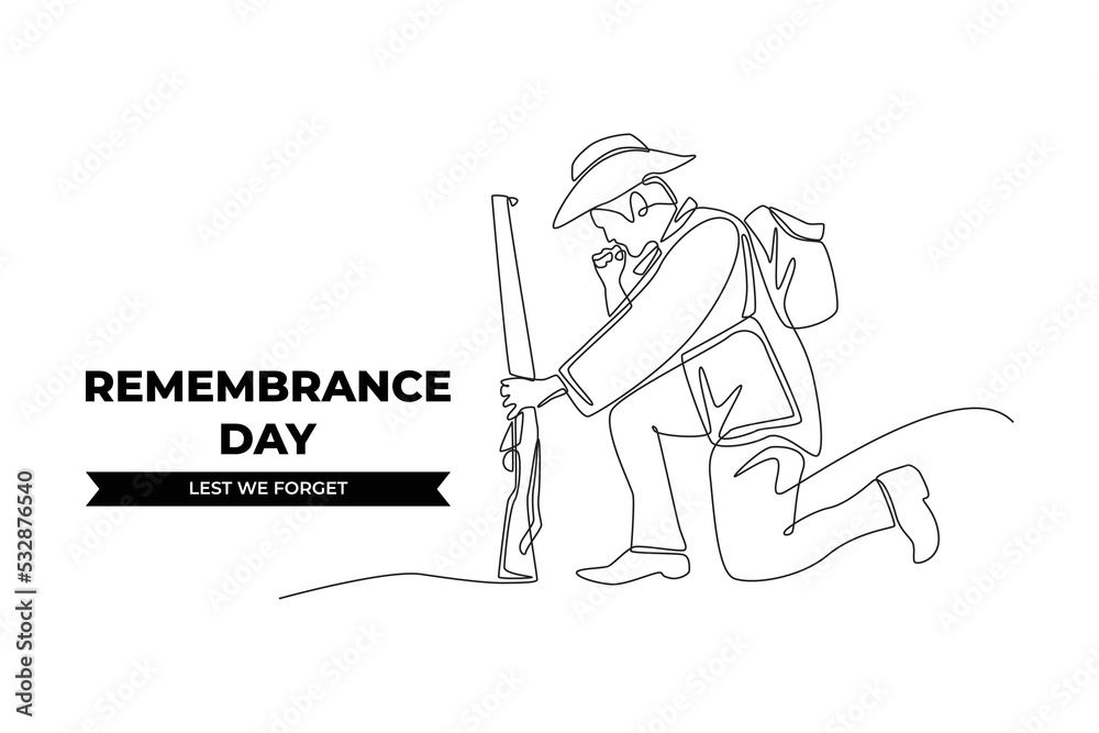 Continuous One Line Drawing A Soldier Kneeling With A Gun Beside The