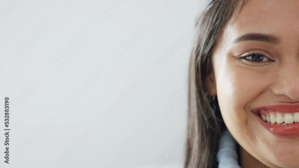 Half face, smile and portrait of young woman with healthy skin in a ...