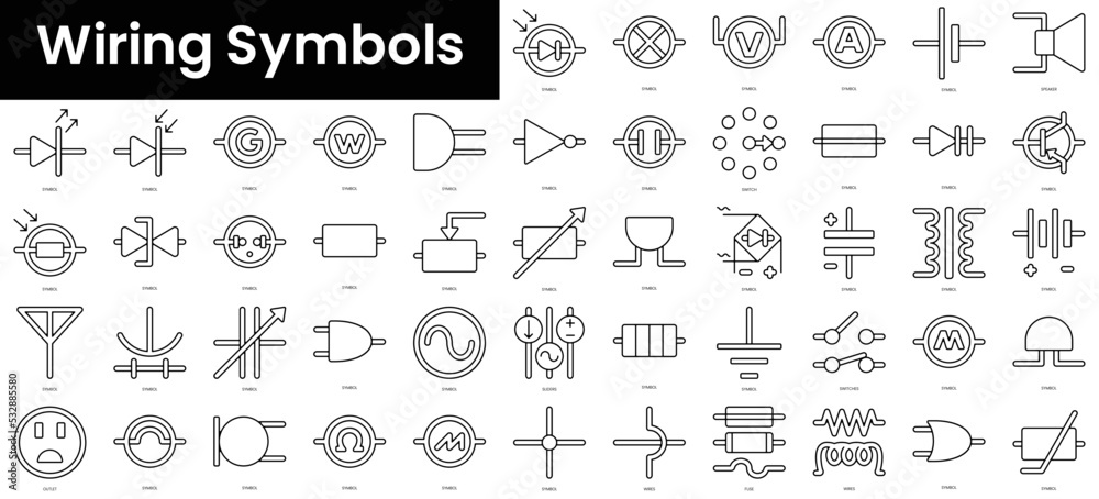 Set of outline wiring symbols icons. Minimalist thin linear web icon ...