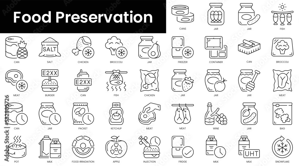 Set of outline food preservation icons. Minimalist thin linear web icon ...