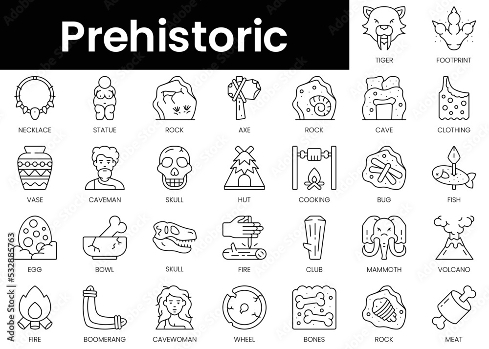Set of outline prehistoric icons. Minimalist thin linear web icon set ...