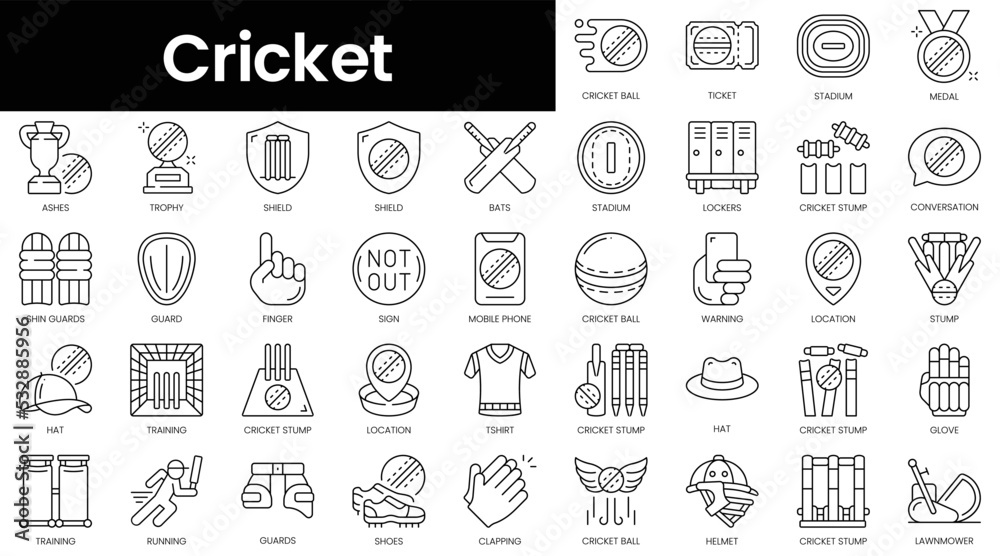 Set of outline cricket icons. Minimalist thin linear web icon set ...