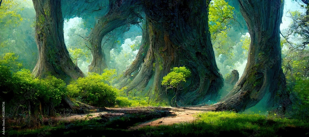 Lush green fairytale forest, majestic ancient oak trees - pristine ...