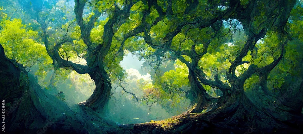 Lush green fairytale forest, majestic ancient oak trees - pristine ...