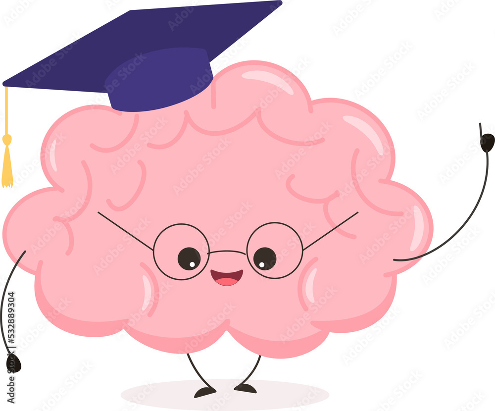 Cute brain in graduation cap with diploma. Kawaii funny human brain ...