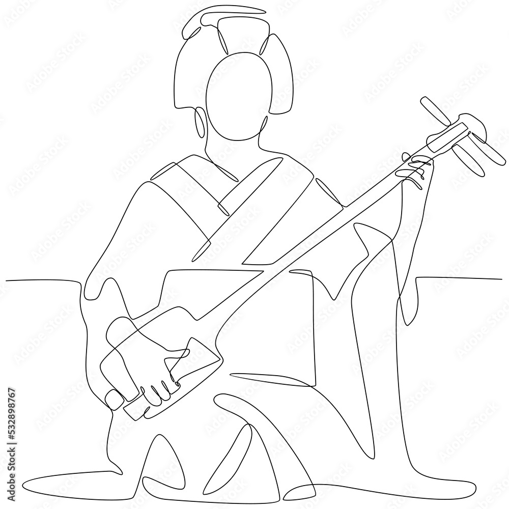 Continuous line drawing of a woman wearing a kimono playing the ...