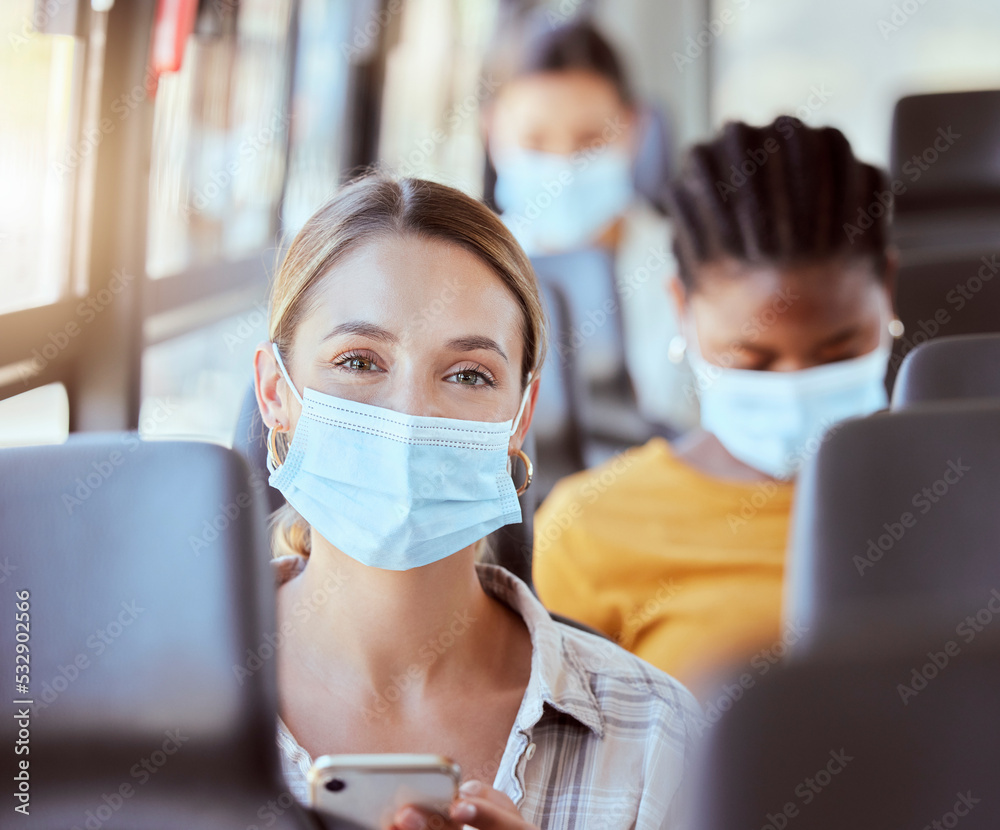Woman, covid and mask on bus with phone for travel safety public ...
