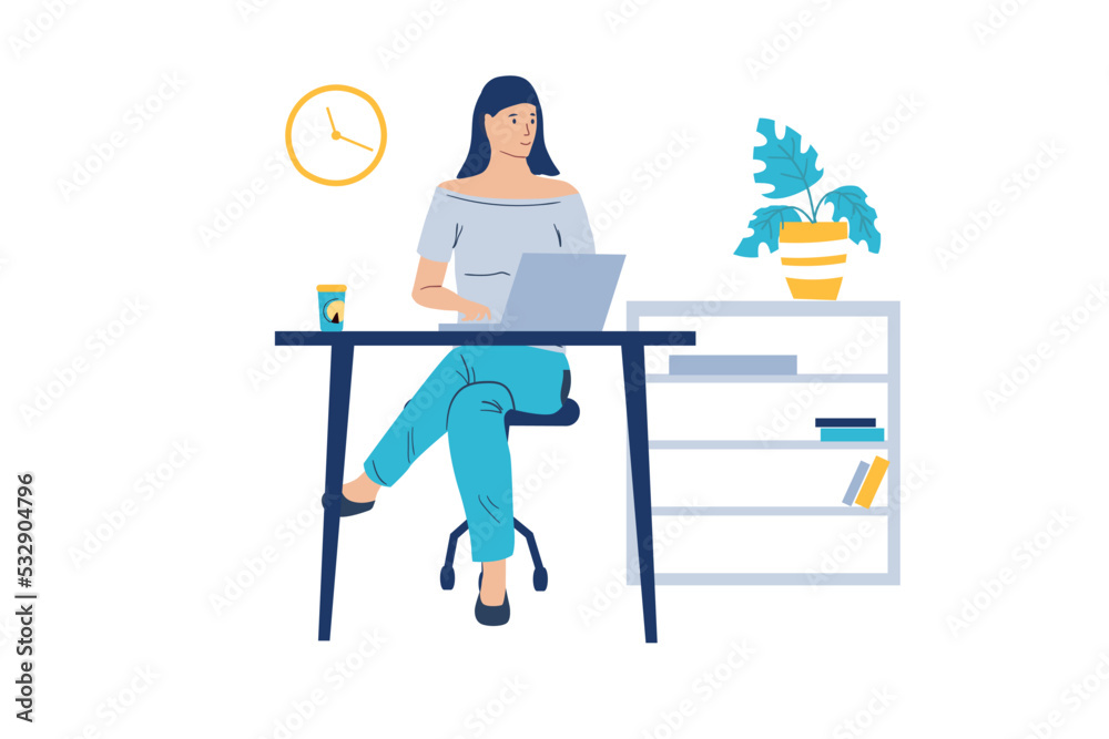 Freelancer at coworking. Cartoon office character working at desk with ...