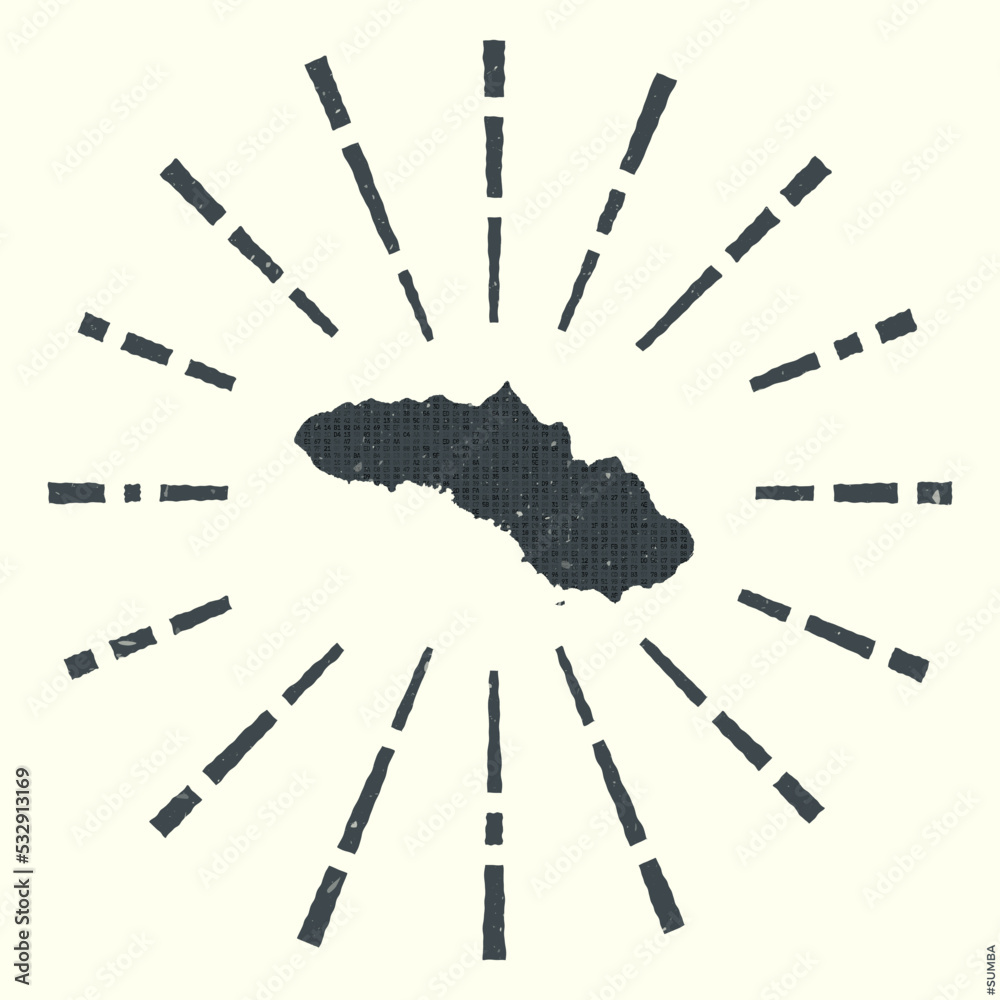 Sumba Logo. Grunge sunburst poster with map of the island. Shape of ...