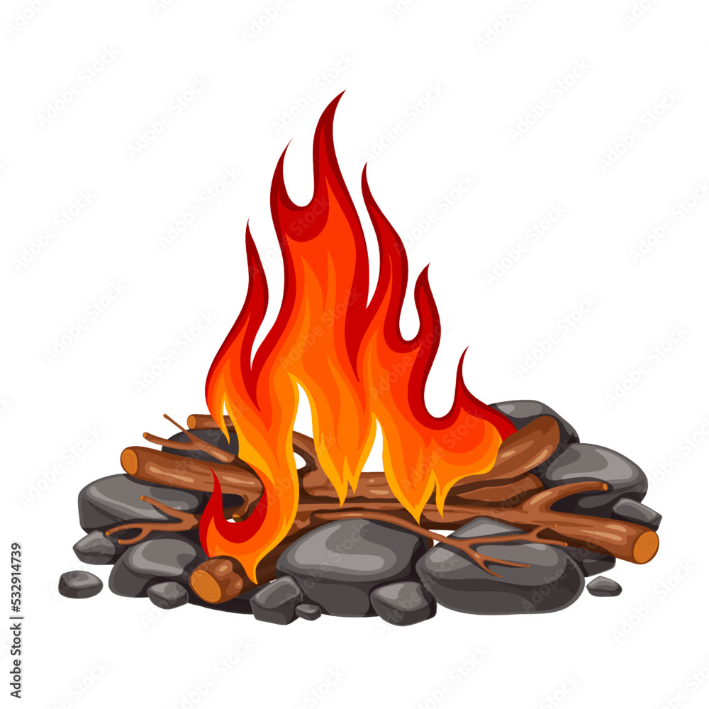 Vecteur Stock Glowing fire of bonfire with charcoal and firewood vector ...