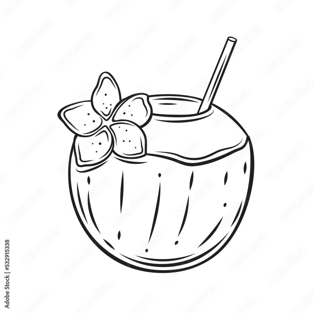 Coconut cocktail outline icon vector illustration. Hand drawn black ...