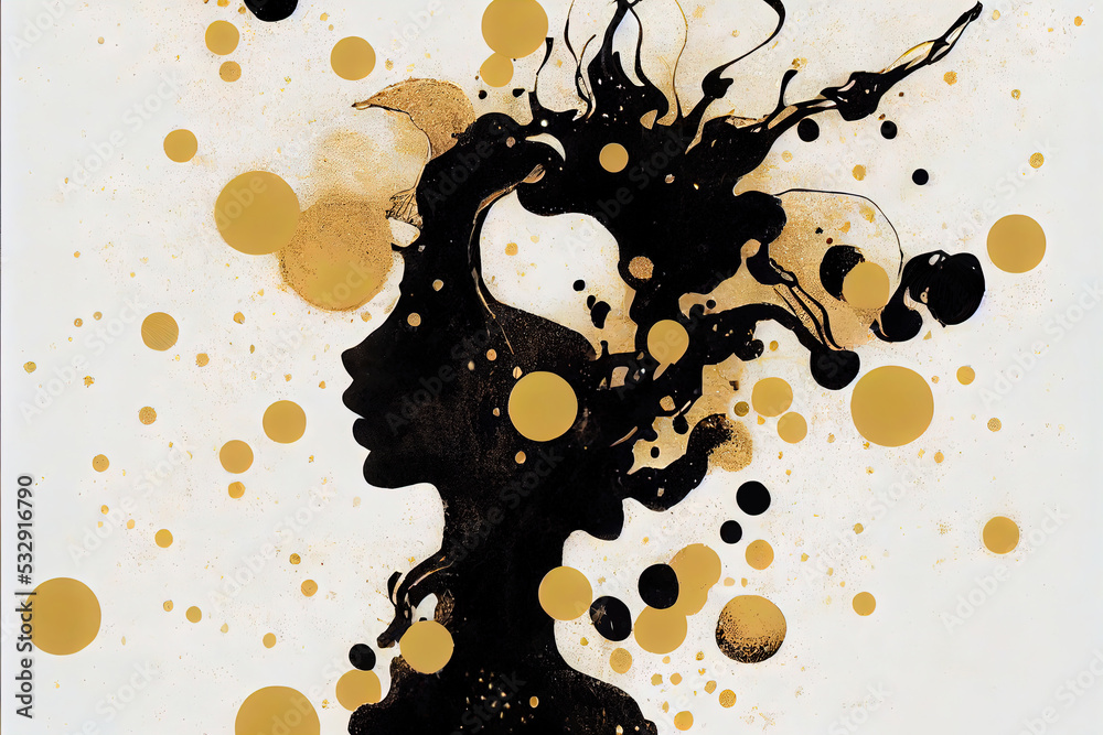 Ink blot in the form of a woman's profile, render by neural networks ...