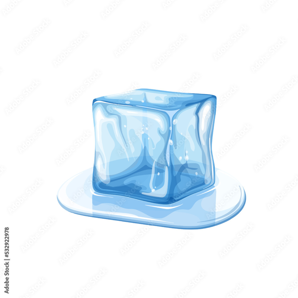 Ice cube in water puddle vector illustration. Cartoon isolated blue glacial block melting in ...