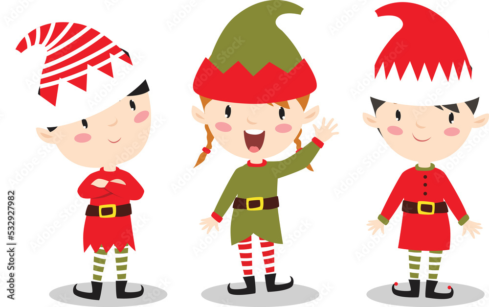 Elf set. Elf girl. Elf boy. Children dressed as elves. Helpers of Santa ...