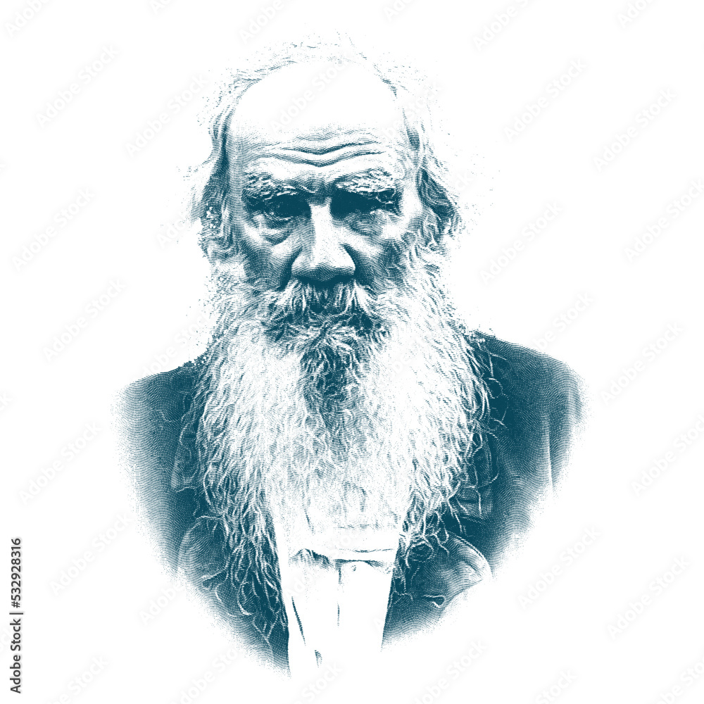 Engraving vector portrait of Russian writer Leo Tolstoy. Russian writer ...