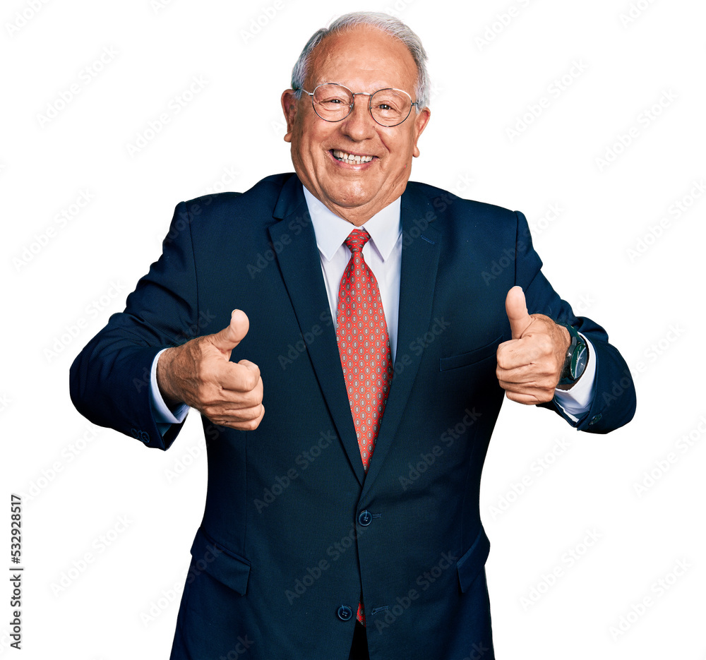 Senior man with grey hair wearing business suit and glasses success ...