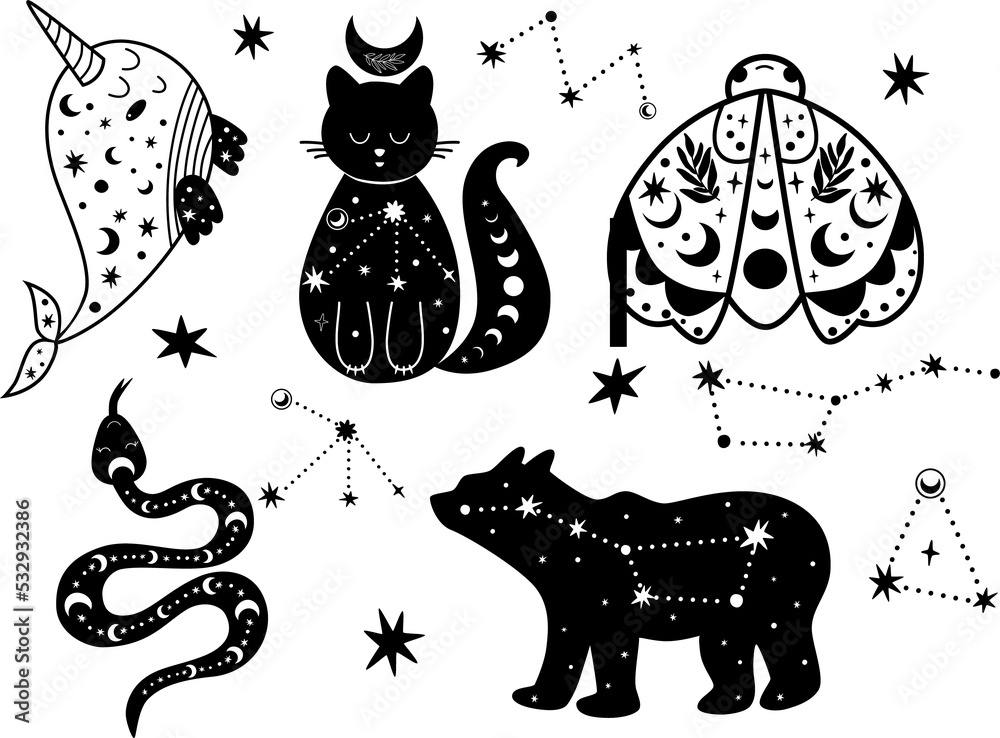 PNG, transparent Celestial animals set. Big bear shape moth, cat, whale ...