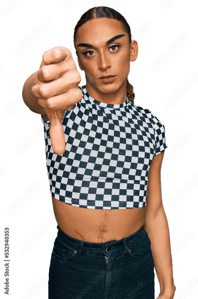 Hispanic transgender man wearing make up and long hair wearing modern ...