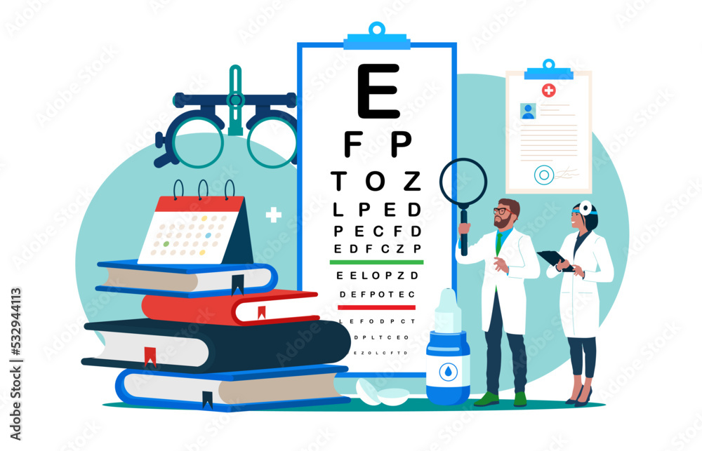 Eye test procedure and prescription glasses. Eye examination, eye drop ...