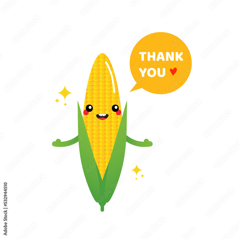 Cute cartoon style corn character with speech bubble saying thank you ...