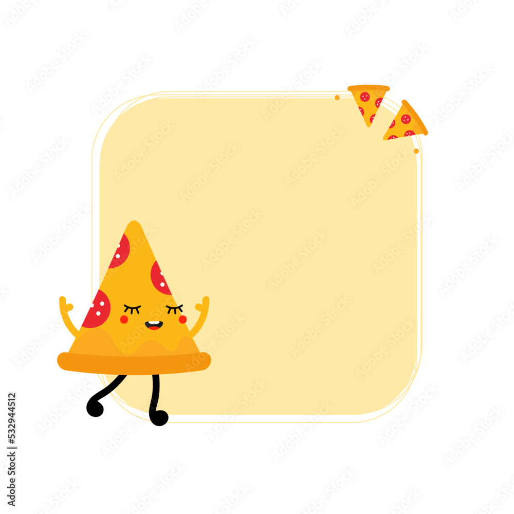 Square card template, background with cute cartoon style pizza slice ...