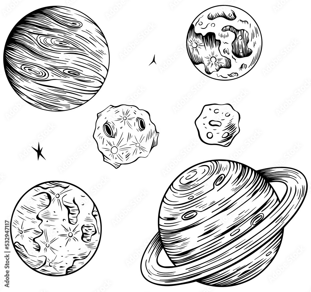 Сollection of solar system planets. Hand drawn isolated illustration ...