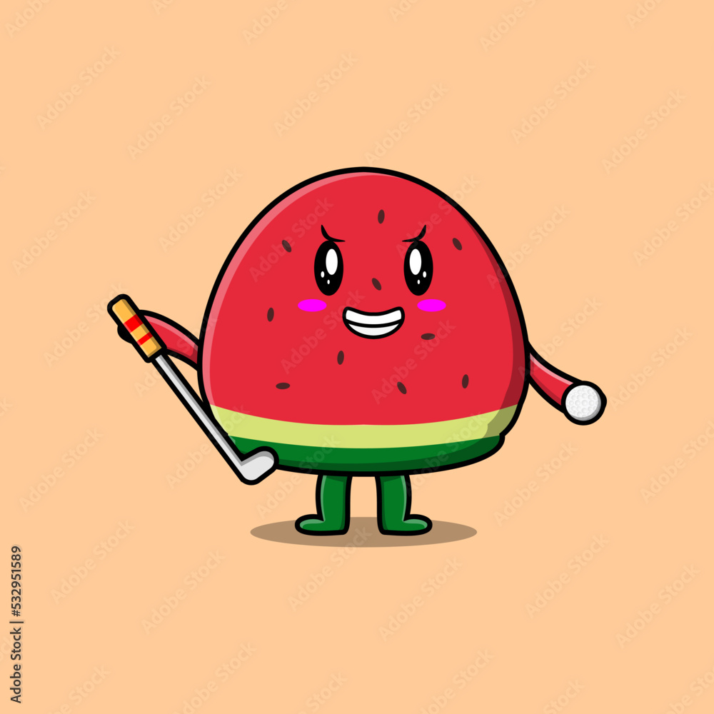 Cute cartoon Watermelon character playing golf in concept flat cartoon ...