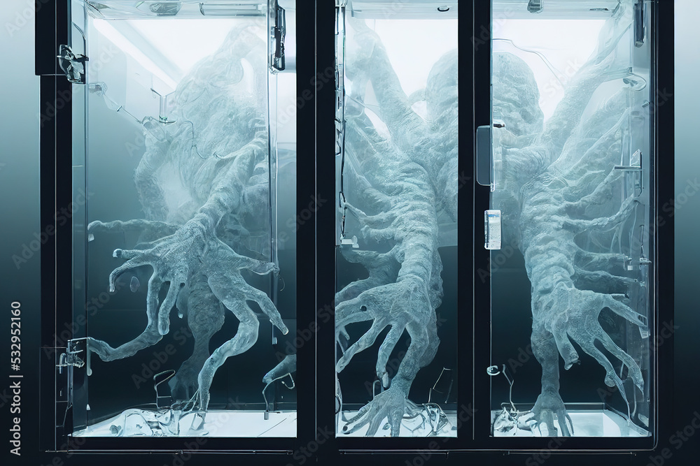 3 d render. Horrible genetic laboratory of monsters, mutants. Horror ...