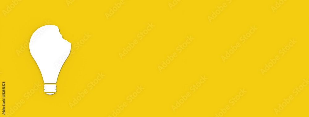 a white bitten light bulb on a yellow background. teeth marks stealing ...