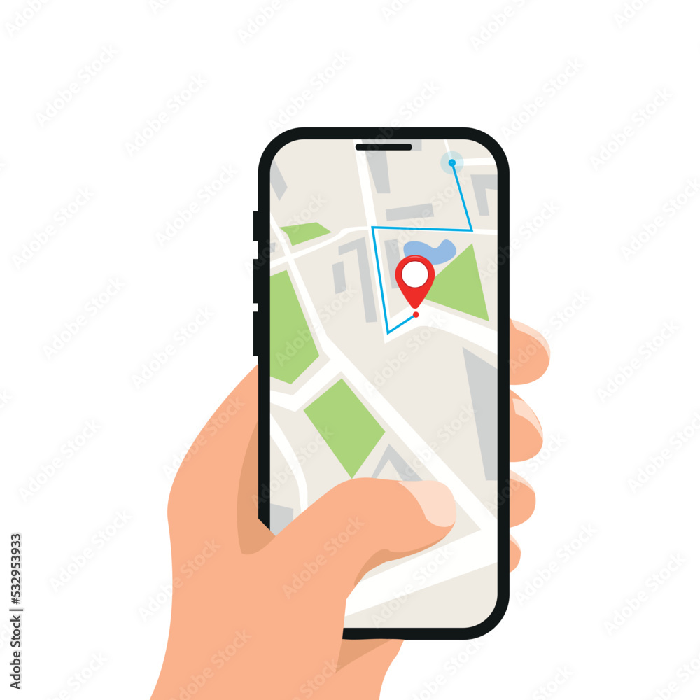 Hand holding smartphone with city map path and location mark on the ...