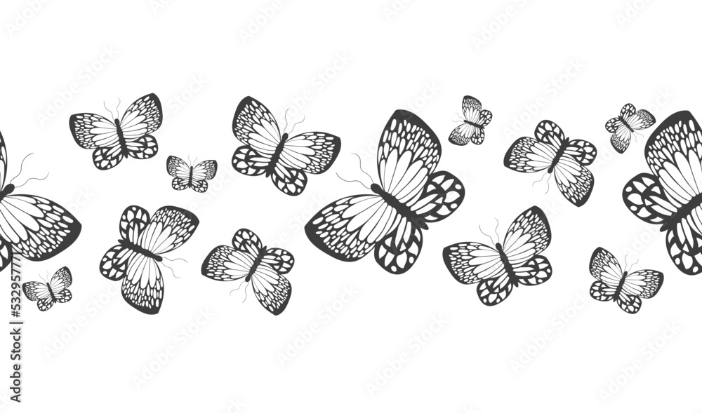 Seamless border banner with abstract black silhouette of cute flying ...