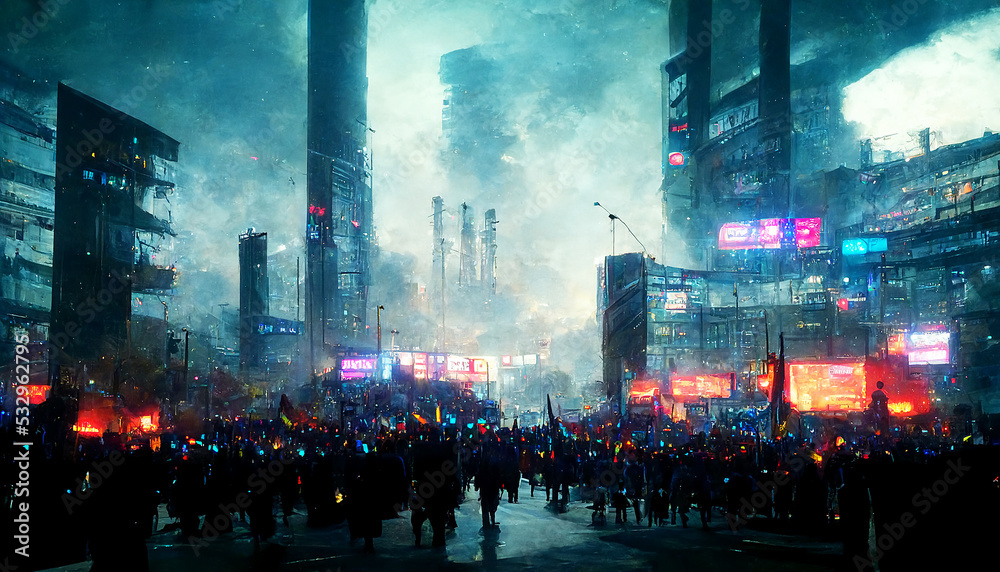 ภาพประกอบสต็อก Digital illustration of a cyborg in a futuristic modern ...