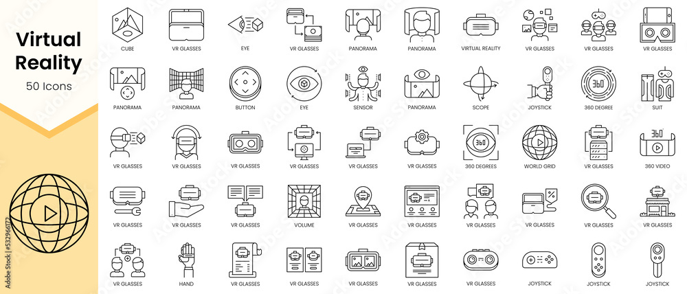 Simple Outline Set ofVirtual Reality icons. Linear style icons pack ...