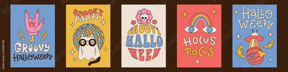 Retro Halloween cards set in 70s-80s style witj lettering and font text ...