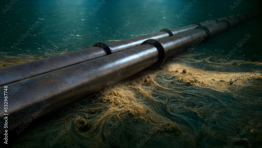 underwater pipes, industrial gas pipeline, nord stream 2, 3d rendering ...