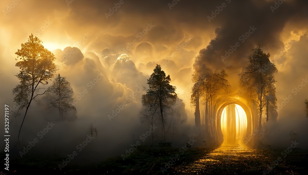 portal in dense smoke in the form of clouds. portal to the underworld ...