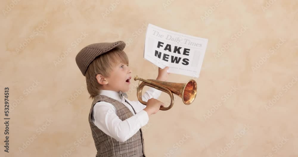 Newsboy shouting against concrete wall background. Boy selling fake ...