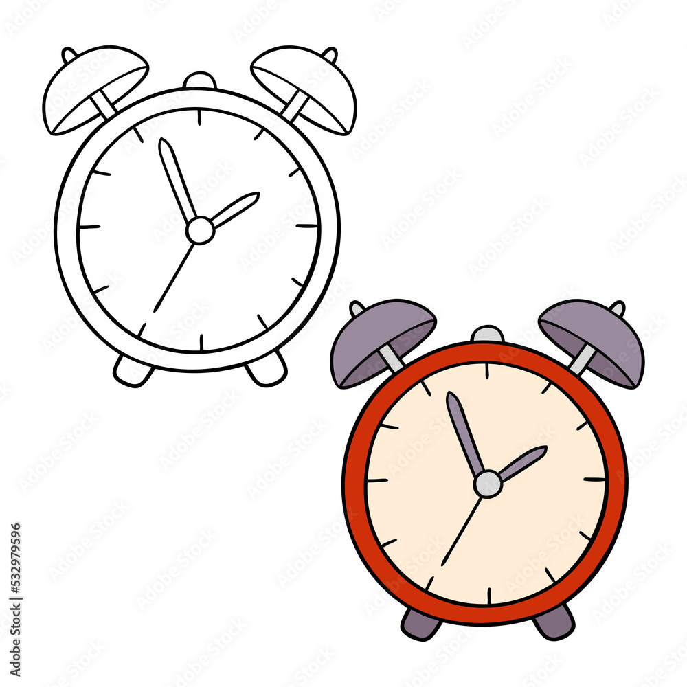 Vector illustration coloring page of cartoon clock with example for ...