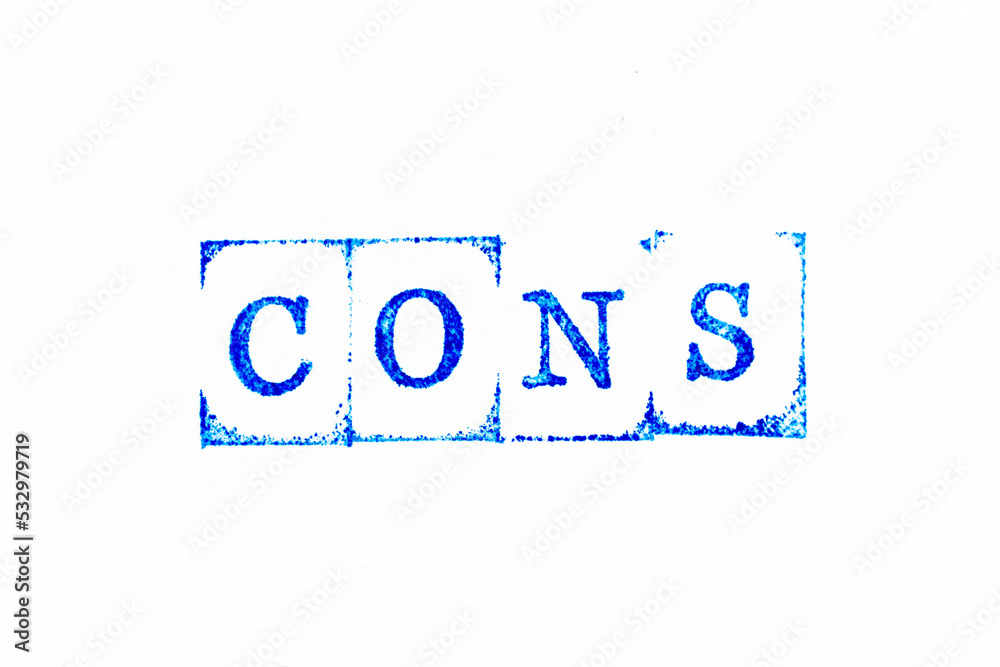 Blue color ink rubber stamp in word cons on white paper background ...