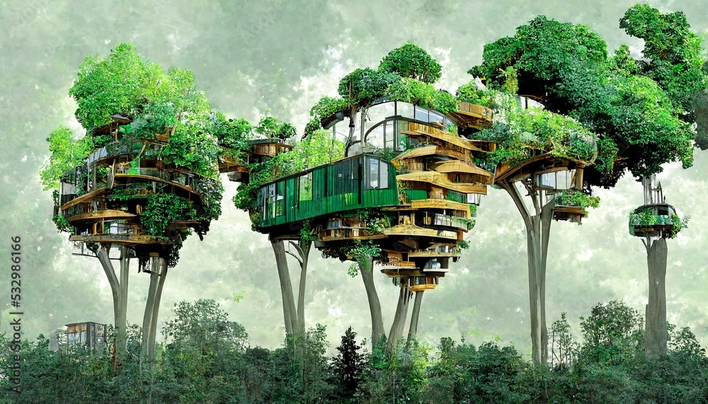 Spectacular image of a sustainable tree house surrounded by greenery in ...