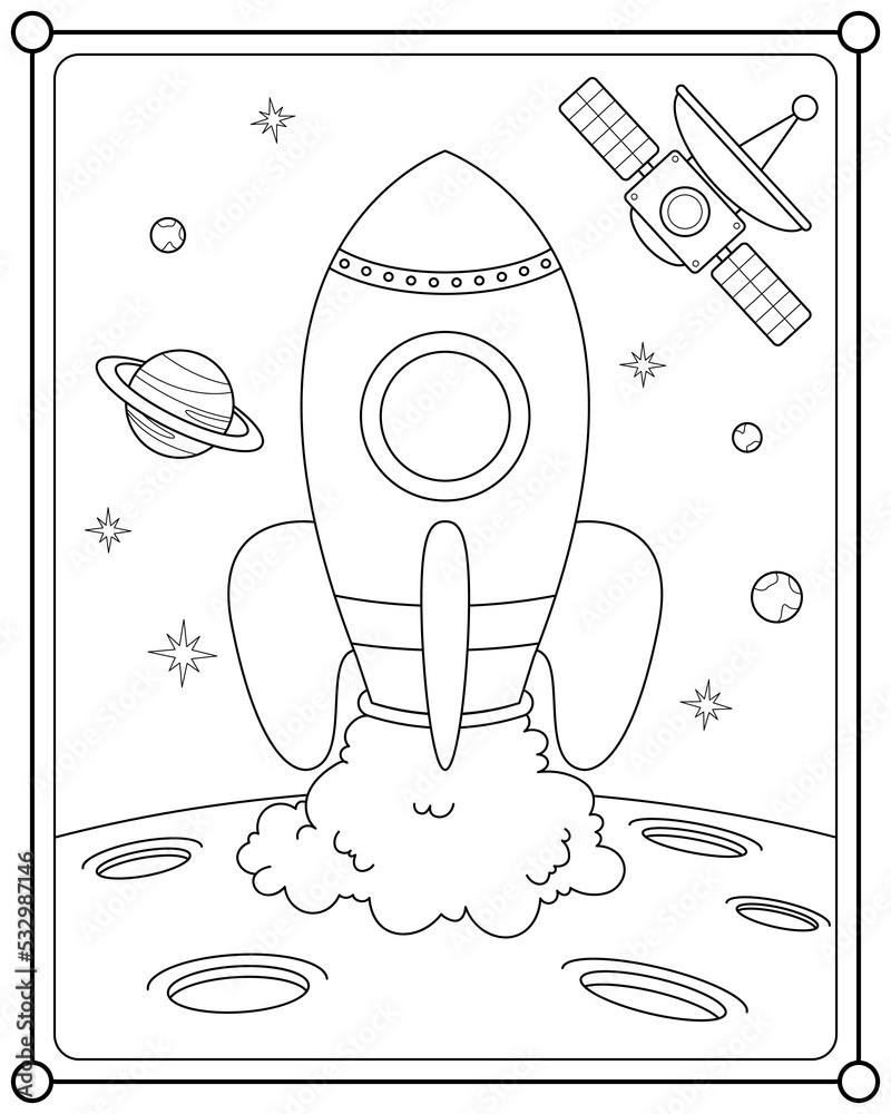 Rocket in space suitable for children's coloring page vector ...