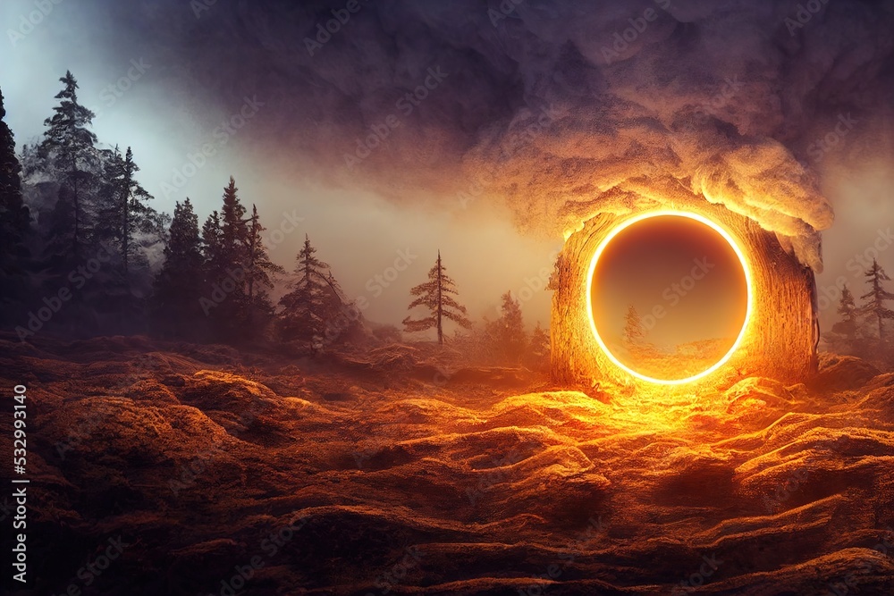 Ilustrace „Portal in a stone arch with magical symbols in a mountain ...