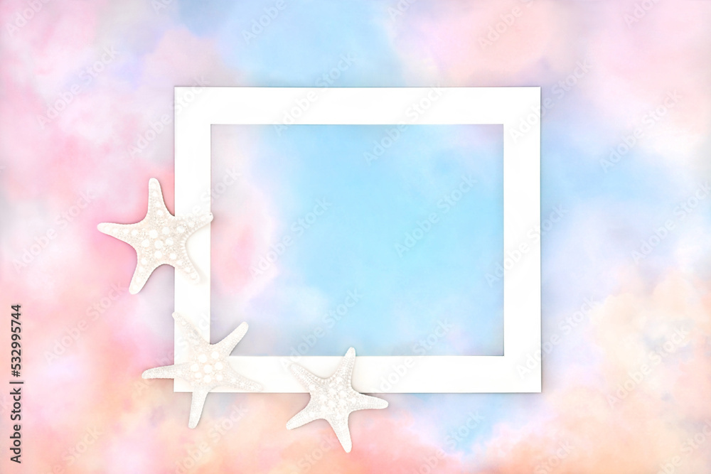 Rainbow sky cloud background border with white frame and starfish sea ...