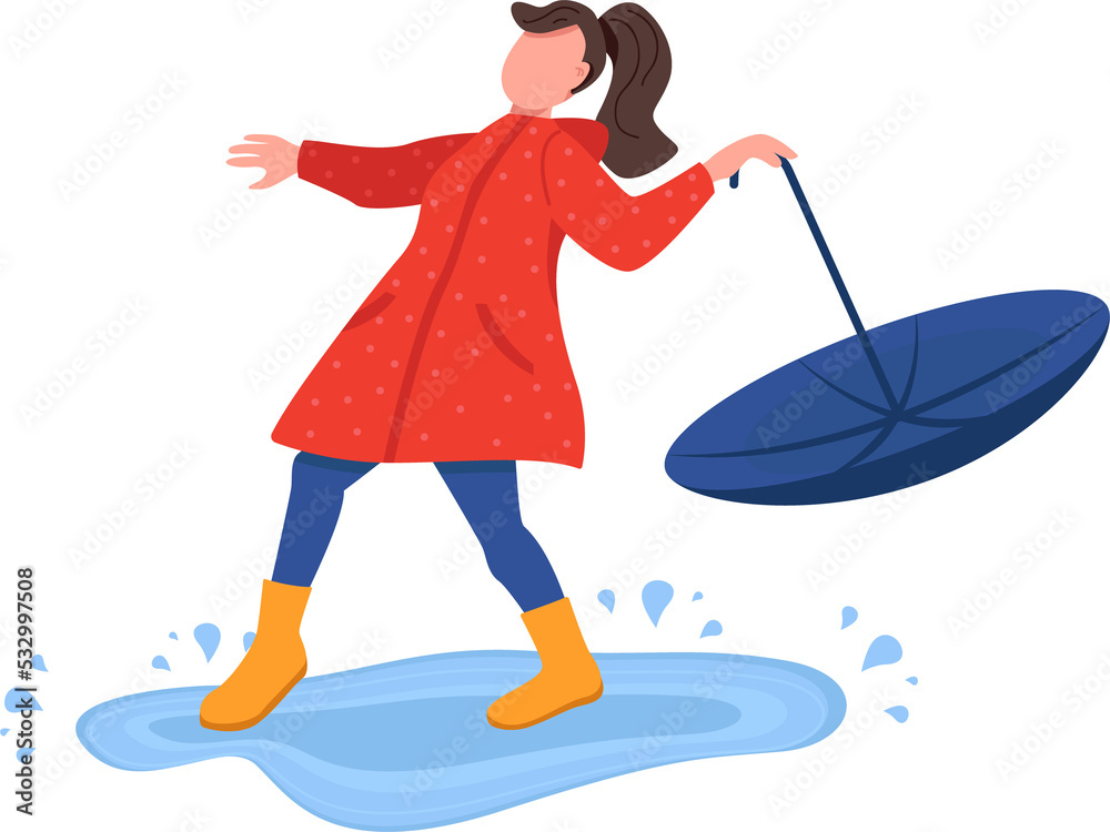 Girl with umbrella playing in puddle semi flat color raster character ...