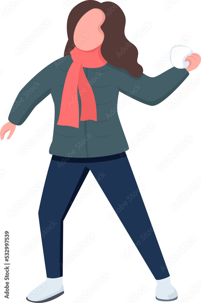 Woman throw snowball semi flat color raster character. Dynamic figure ...