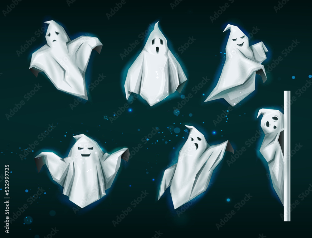 Vector icon illustration set of spooky halloween ghosts. Isolated on ...