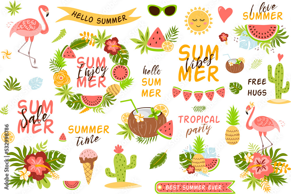 PNG, transparent Set of cute summer elements, icon Flamingo, tropical ...